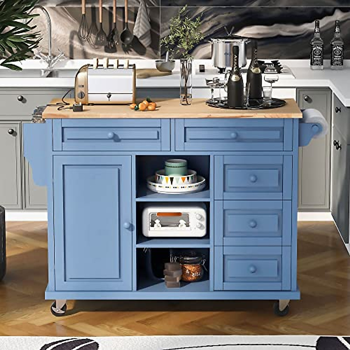 Merax Rolling Mobile Kitchen Island Cart with Wood Desktop and Storage Drawers, 53 Inch Width, Blue