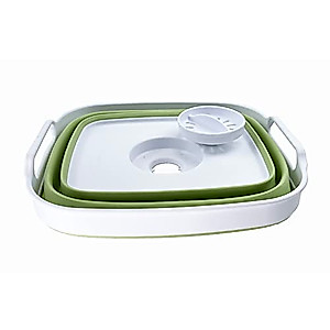 SAMMART 7.5L (2 gallons) Collapsible Plastic Dishpan with Draining Plug - Portable Washing Basin - Foldable Washing Tub - Pop Up Saving (Grey + Olive Green (Set of 2))