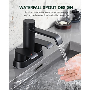 Matte Black Waterfall Bathroom Sink Faucet - HEISOK 4 Inch Bathroom Faucet with Overflow Pop Up Drain & Supply Hose, Stainless Steel 2 Handles Centerset Lavatory Vanity Bath Faucet for 2 or 3 Hole