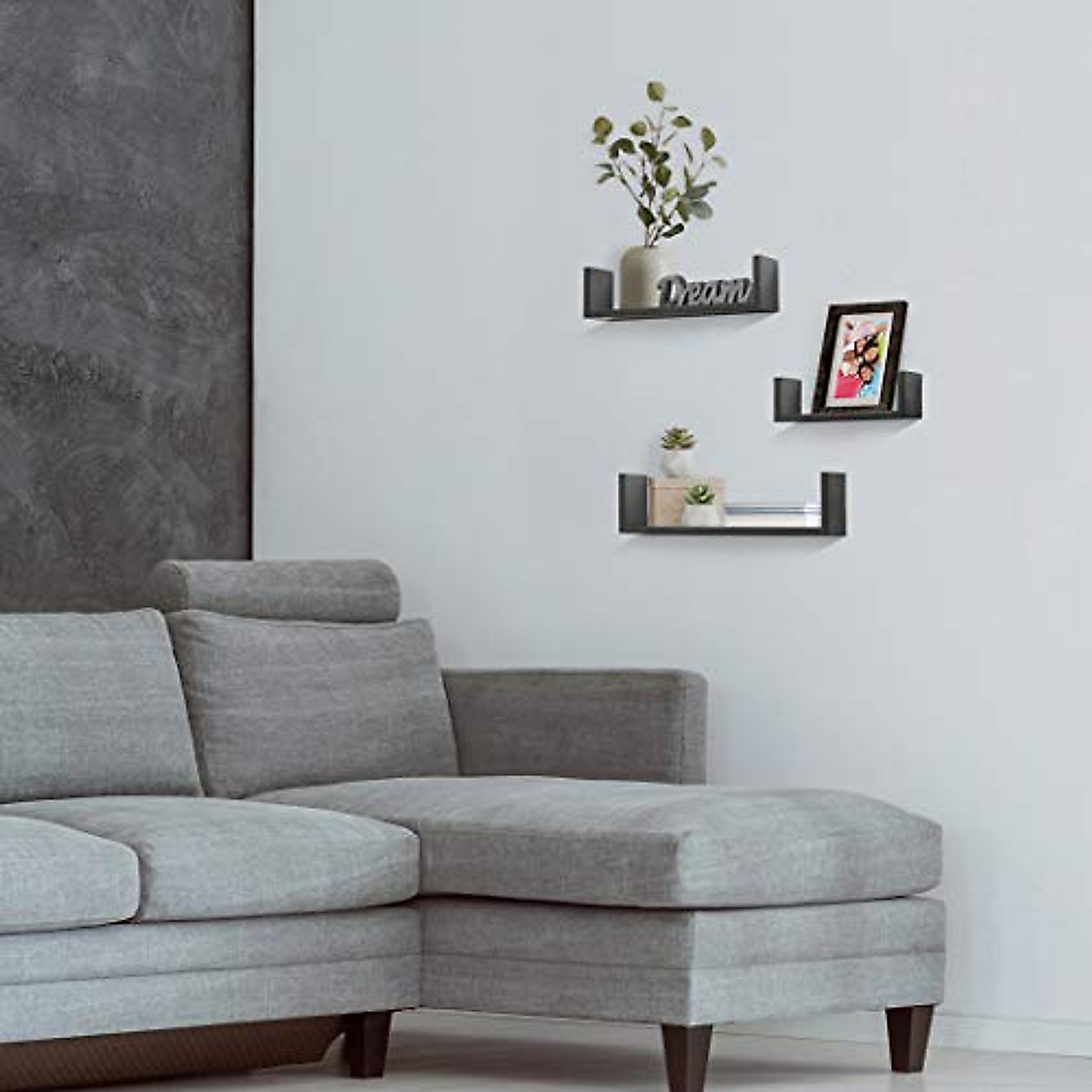 Americanflat Black Floating Shelves - Set of 3 - U Shaped Wall Mounted Display Ledges for Bedroom, Living Room, Bathroom, Kitchen, and Office