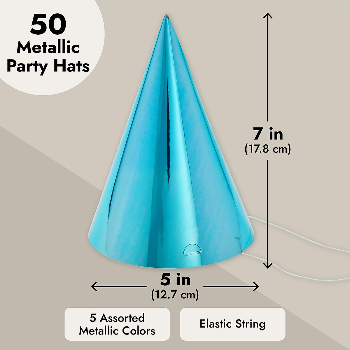 BLUE PANDA 50 Pack Birthday Party Cone Hats for Kids and Adults, Bulk Set in 5 Colors (Metallic Blue/Green/Gold/Silver/Hot Pink)