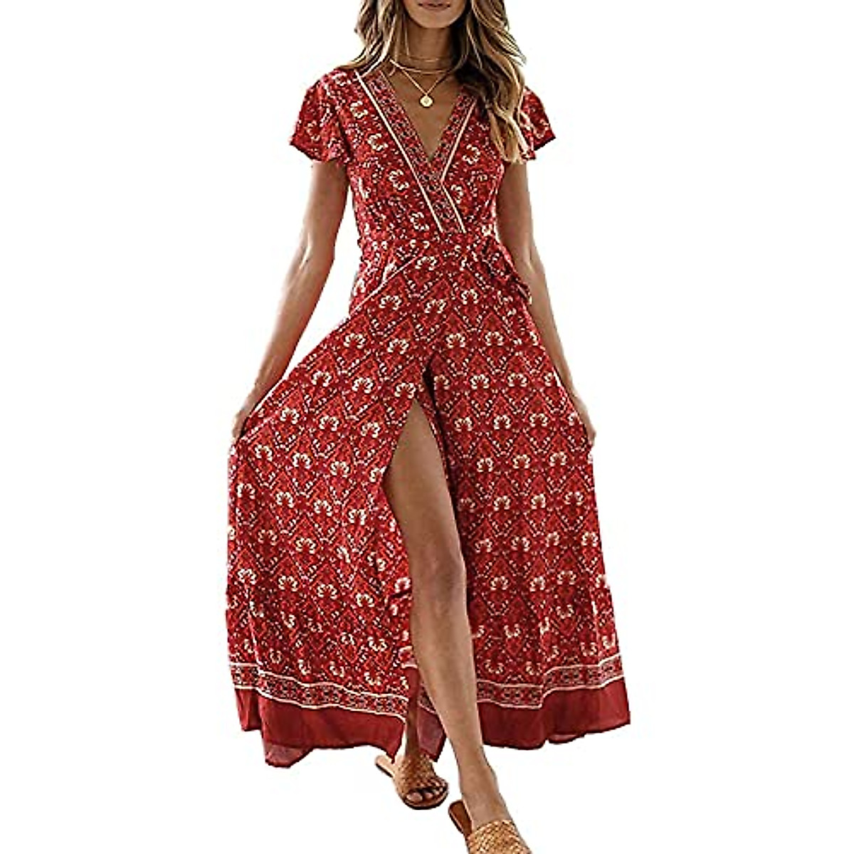 ZESICA Women's 2023 Bohemian Floral Printed Wrap V Neck Short Sleeve Split Beach Party Maxi Dress,Red2,Medium