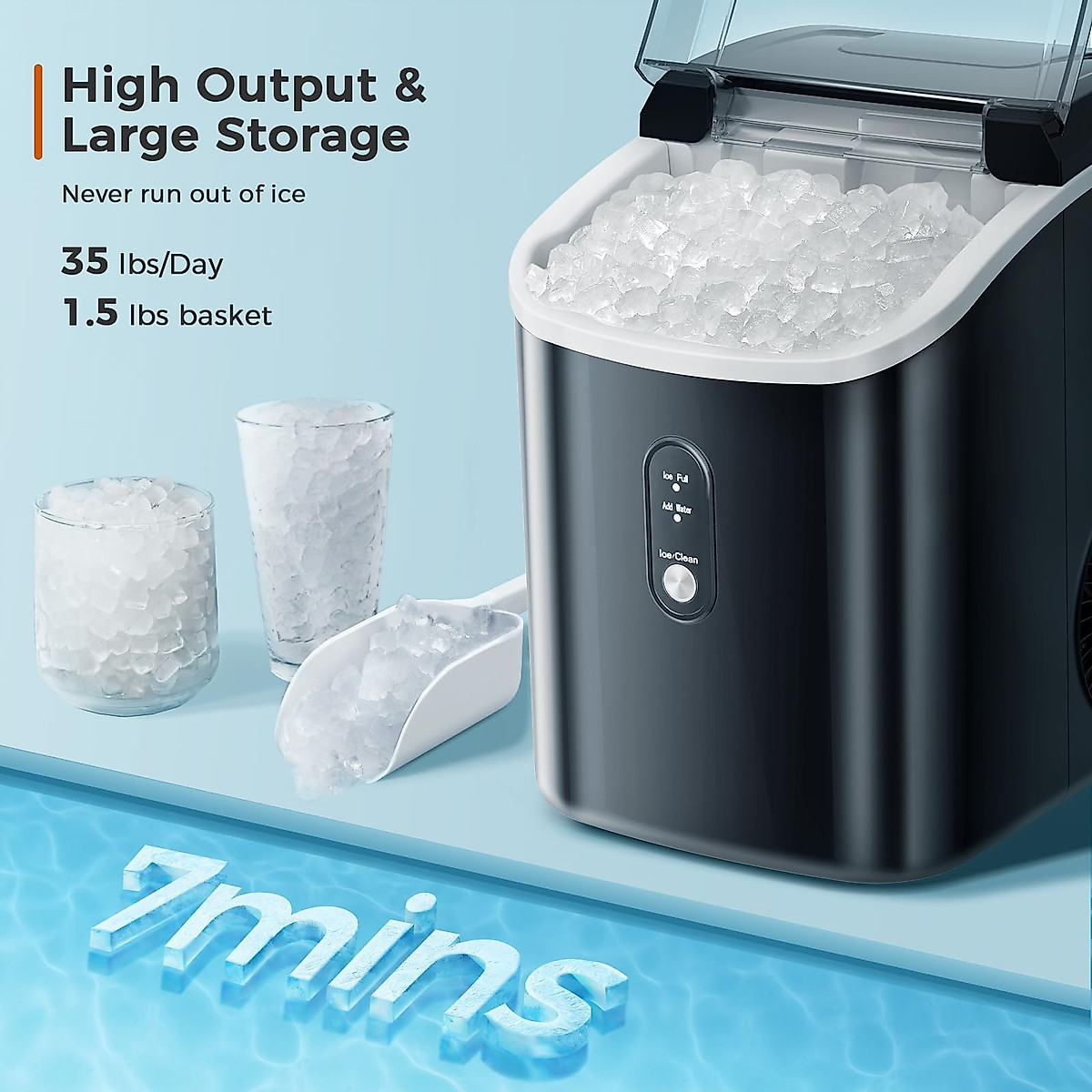 AGLUCKY Nugget Ice Maker Countertop,35lbs/24H,Portable Pebble Ice Machine with Handle,Self-Cleaning Function,Pellet Ice Maker for Home/Kitchen/Office(Black)