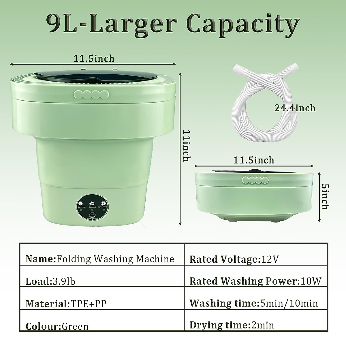 Portable Washing Machine,Upgraded 9L Mini Folding Washer with Spin Dryer,Deep Cleaning of Underwear,Baby Clothes,or Small Items,Foldable Washing Machine for Apartment,Camping,RV,Travel(Green)