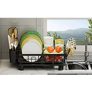 TC Lgog Dish Drying Rack for Kitchen Counter – Drainboard with 4 Slots Knife, Fork & Cup Holder Organizers, Rotating Swivel Spout, Durable Coated, Attractive Black