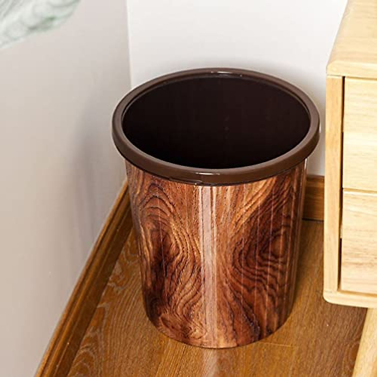 Angoily Trash Can with Pressing Ring 10L Imitation Wood Grain Waste Basket Garbage Can Rubbish Bin Flower Pot Toys Bucket for Home Office Brown