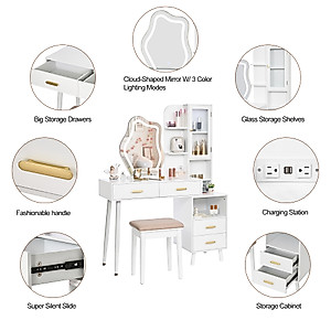 ANWBROAD White Vanity with Lighted Mirror Vanity Desk with Mirror and Lights Girls Vanity with Power Outlet Stool Drawers Shelves Charging Station 3 LED Lighting Modes Bedroom Makeup Table UBDT55W