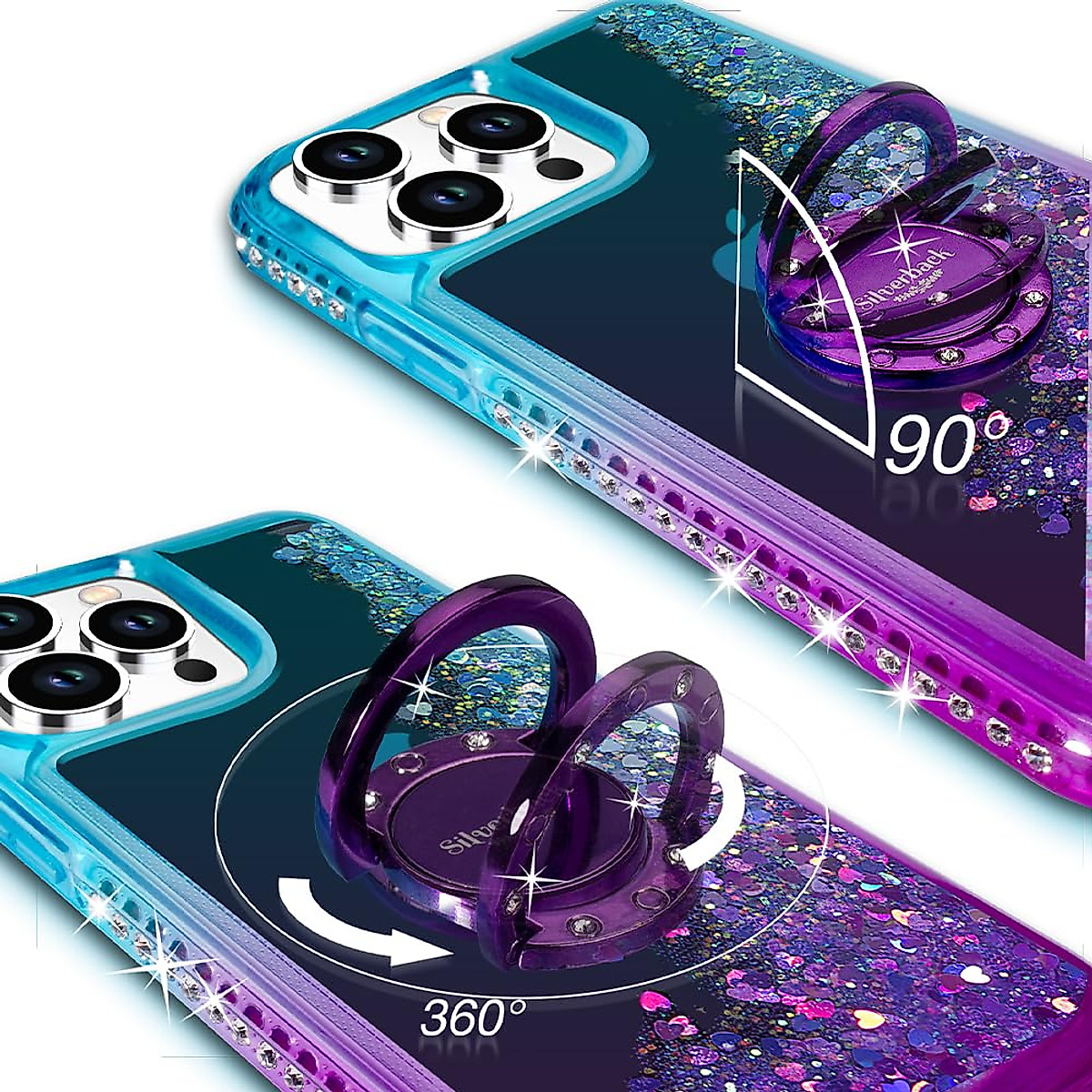 Silverback for iPhone 14 Pro Max Case, Moving Liquid Holographic Sparkle Glitter Case with Kickstand, Girls Women Bling Diamond Ring Protective Case for Apple iPhone 14 Pro Max 6.7''- Purple