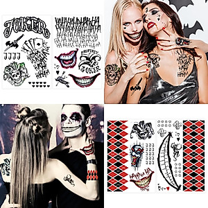 Joker Tattoos Suicide Squad Stickers, 4 Sheets Halloween Temporary Tattoos Hand Face Makeup Kit, Death Skull Smile Face