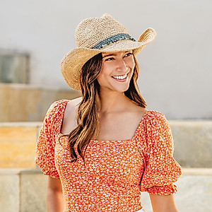 Wallaroo Women’s Tahiti Cowboy (Turquoise) – Wide Brim, Natural Fiber, Adjustable, for Medium Size, Western Style, Festival Hat, Outback Hat, Sustainable Fashion, Eco-Friendly, UV Sun Protection