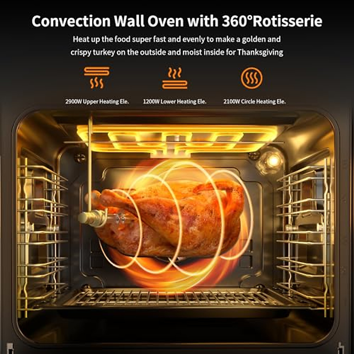 24'Electric Single Wall Oven with 2 Racks 2.6 cu. ft., 8 Functions, Built-in Wall Oven Mechanical Knob, 360°Rotisserie, 220V 3220W True Convection Wall Oven, Safety Lock, Timer, 304 Stainless