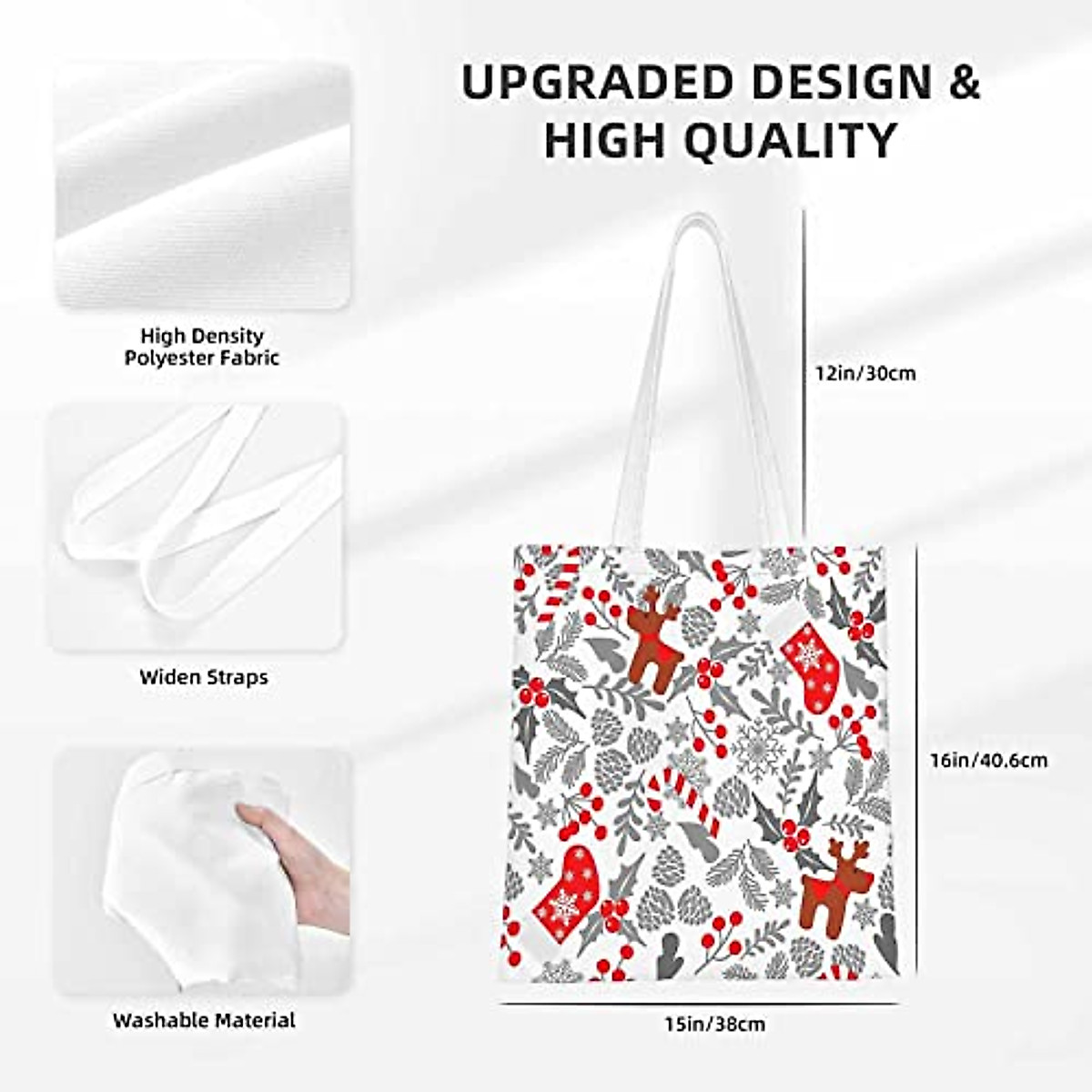 Canvas Tote Bag，Winter Holly Berries Candy Deer Christmas Reusable Large Shopping Shoulder Tote Bag For Women，Red Holiday Doodle Tree Art Blossom Leaf Nature White Beach Tote Bags Bulk For Work