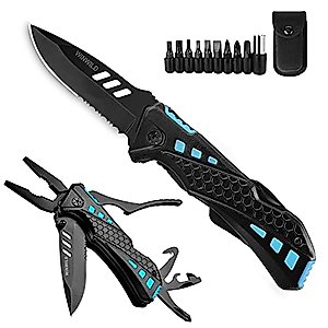 WINWILD Multitool Pocket Knife with Pliers Screwdrivers Bottle Opener Safety Lock,Camping knife for Survival Camping Fishing Hiking, Valentine's Day Gift for Men Women (Blue)