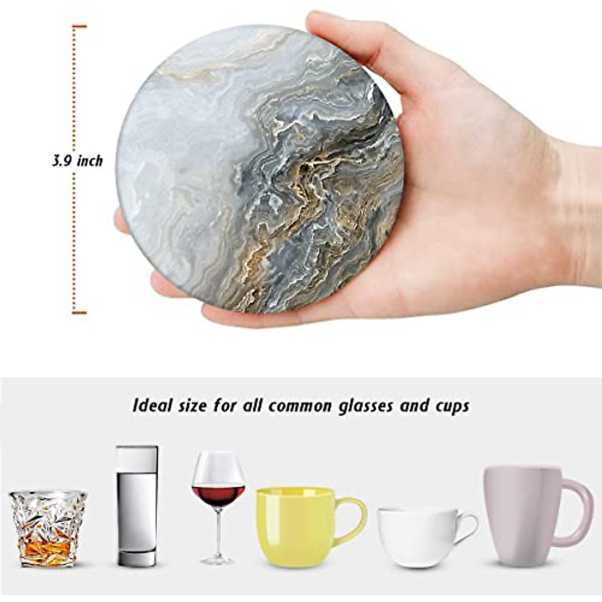Coaster for Drinks Set of 6, Grey Marble Golden Stone Agate Absorbent Round Ceramic Stone Mat, with Cork Base and Metal Holder, Gift for Housewarming Room Bar Decor