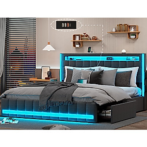 Dnxao Upholstered Queen Size Bed Frame with 4Storage Drawer,RGB LED Light,Charging Station,Adjustable Headboard,Slats Support,No Box Spring Needed,Dark Gray