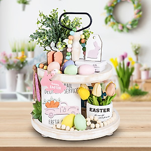 Mustry Rustic Wooden 2 Tiered Tray, Round Farmhouse Kitchen Table Decor Serving Tier Tray, Food Fruits Cupcake Display Coffee Bar Home Party Seasonal Decorations (White)