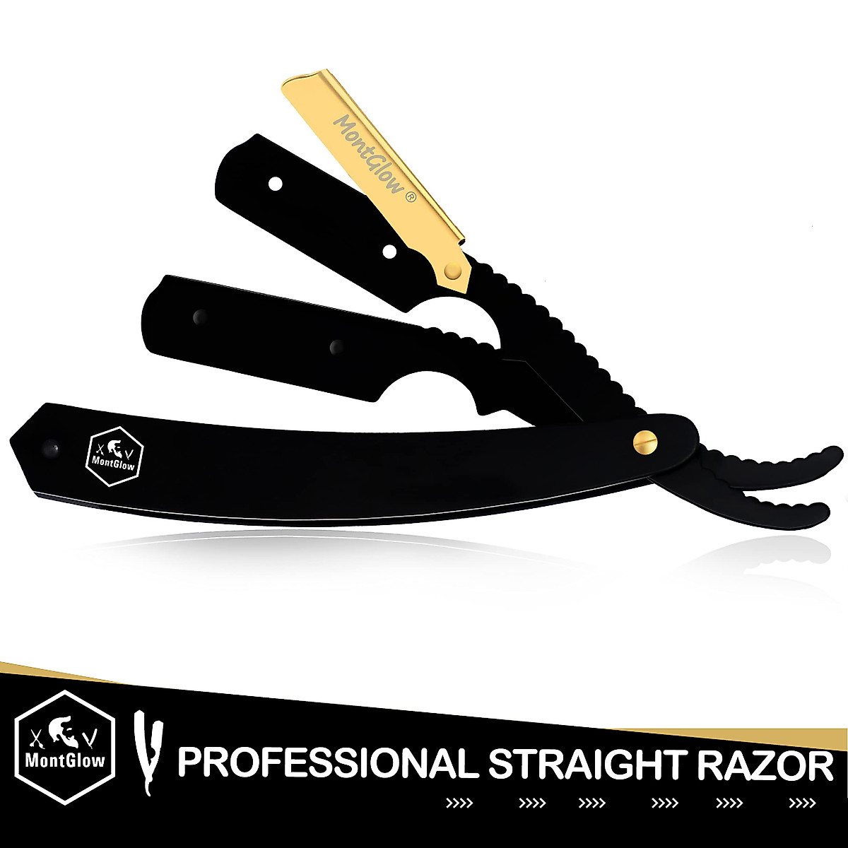 Professional Matte Black Barber Straight Razor with 10 Premium Quality Straight Edge Razor Shark Blades, For Smooth Shave and Lining Up Your Beard (Black)