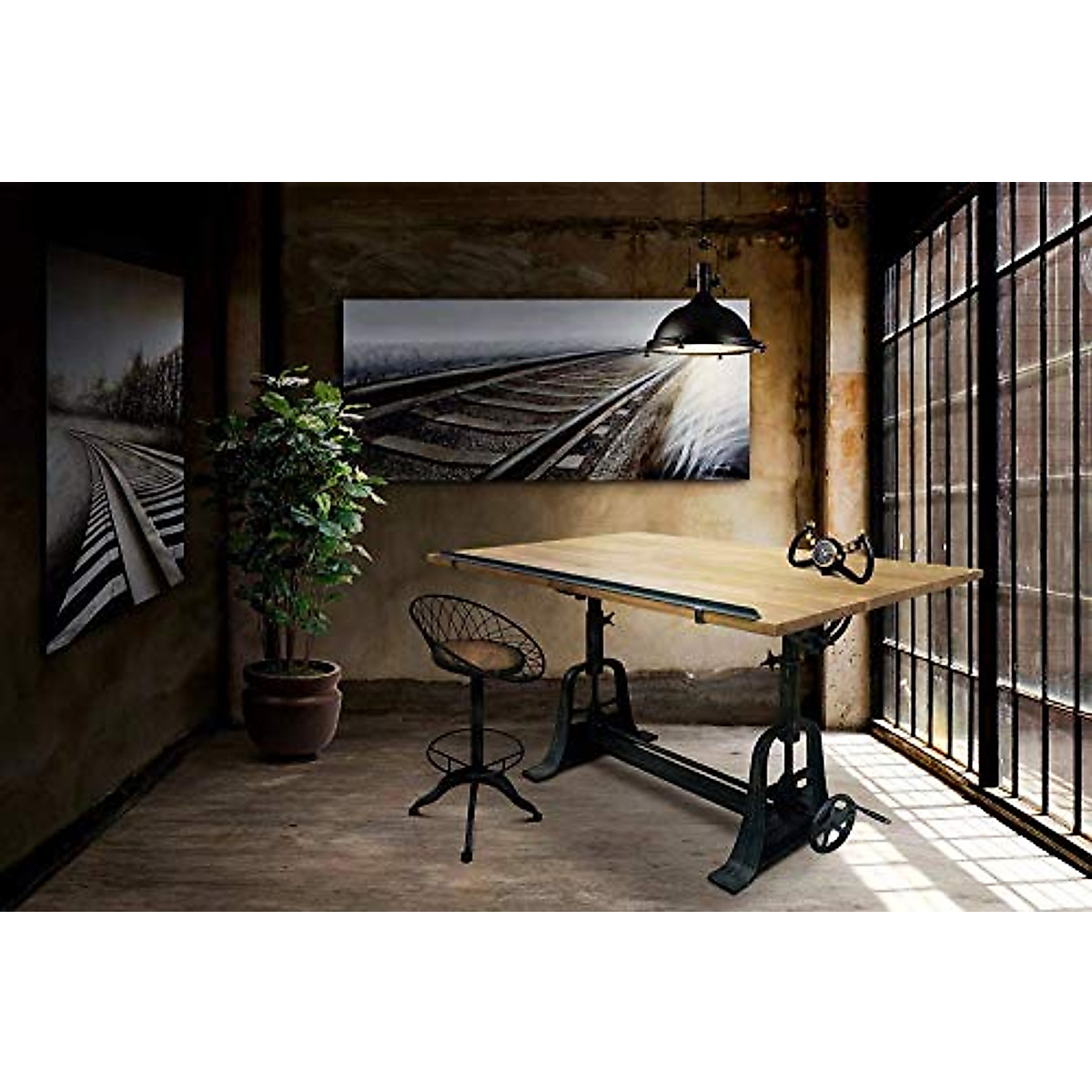 Rustic Deco Industrial Architect's Office Desk - Adjustable Crank Cast Iron Base - Tilt Top