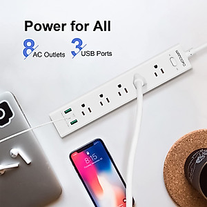 WANDOFO 2 Prong Power Strip, 5 FT Extension Cord Surge Protector, 5 Outlets and 3 USB, 13A/1625W, Polarized Two Prong to Three Prong Outlet Adapter Converter, Wall Mount, White