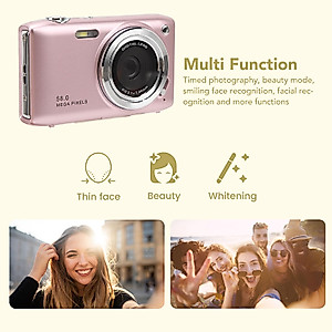 Digital Camera for Kids, 4K 1080P Digital Camera Video Camera 16X Digital Zoom, Compact Point and Shoot Camera Portable Small Camera for Teens Students Seniors, Gifts (Pink)