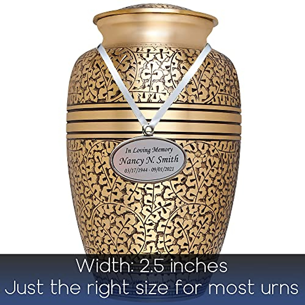 Gold Oval Engraved Pendant - Hanging Plate Medallion Plaque for urns That can’t be Engraved - Includes Smooth Satin Ribbon - Made in Brass - Black Engraving (Gold Tone)