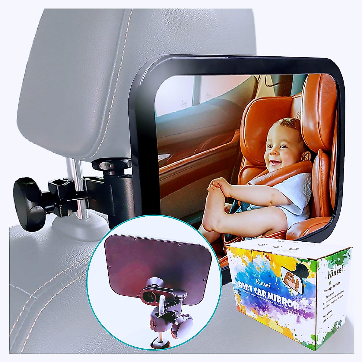 KINSEI Baby Car Mirror Safety Car Seat Mirror for Rear Facing Infant with Wide Crystal Clear View Shatterproof Fully Assembled Newborn Safety with Secure Headrest Clamp Holder