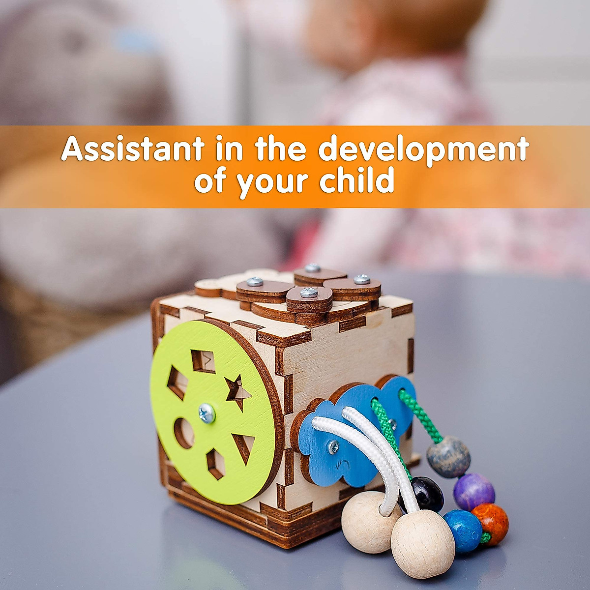 Wooden Activity Cube for Toddlers 1-3 Year 6in1 Car Lacing Beads Puzzles - 3.15 х 3.15 h - Sensory Busy Board – Travel Plane Handmade Fidget Toys – Baby Kids Montessori Activities