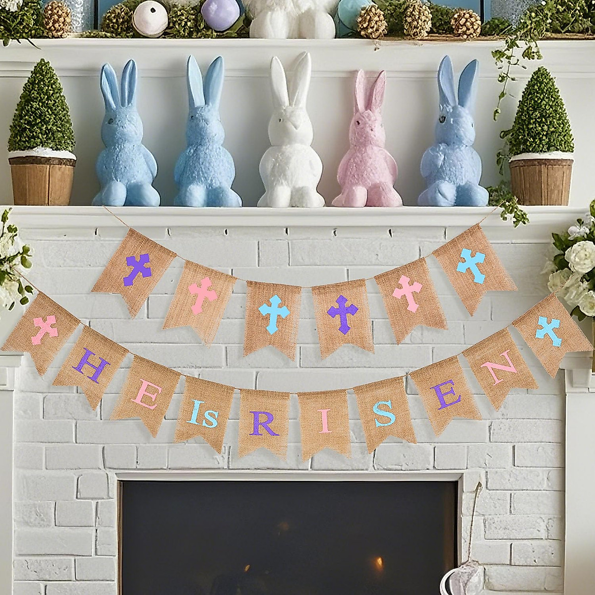 2 Sets Easter Burlap Banner HE is Risen Hanging Garland Printed Easter Bunting for Easter Day Decorations