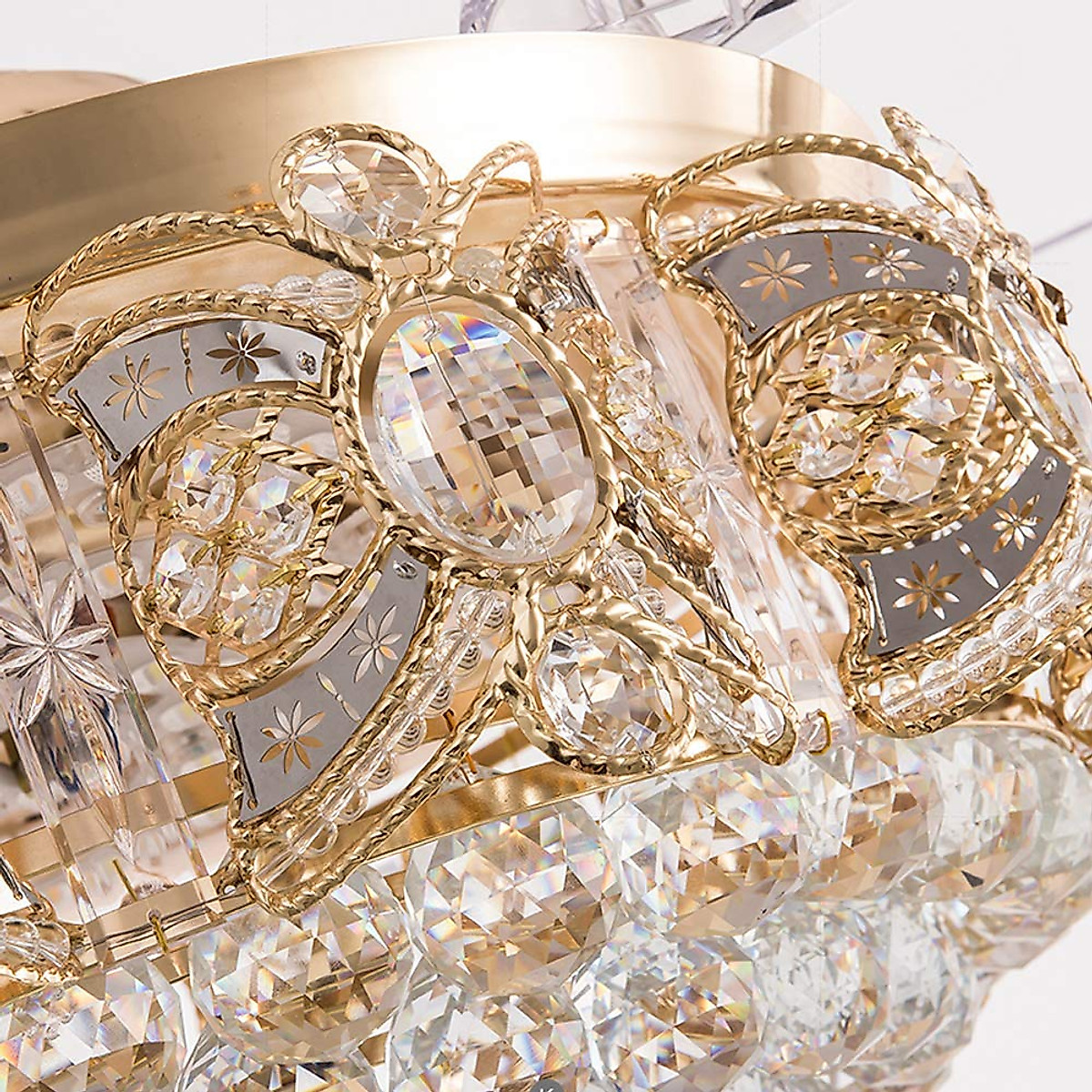 KPIBEST 42 Inch Crystal Ceiling Fan with Lights and Remote Control 3 Speed, Modern Luxury Retractable Chandelier Ceiling Fan with 3 Lights Level Silent Fans Fit for Living/Dining Room Bedroom