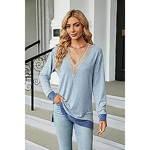 Keificle Women's V-Neck Pullover Color Blocking Long Sleeves Side Split Fall Tunic Tops (Large, 01_Light Blue)