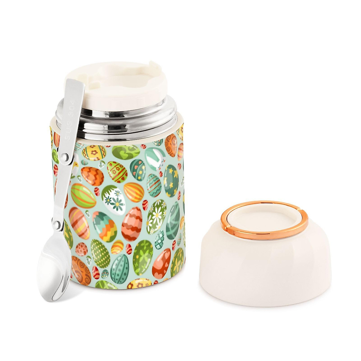 Easter Eggs Religion Holiday Celebration Kids Womens Insulated Food Jar with Spoon 17oz/500ml Jar For Hot Food Stainless Steel Vacuum Portable Thermo Flask for Insulated Hot Food