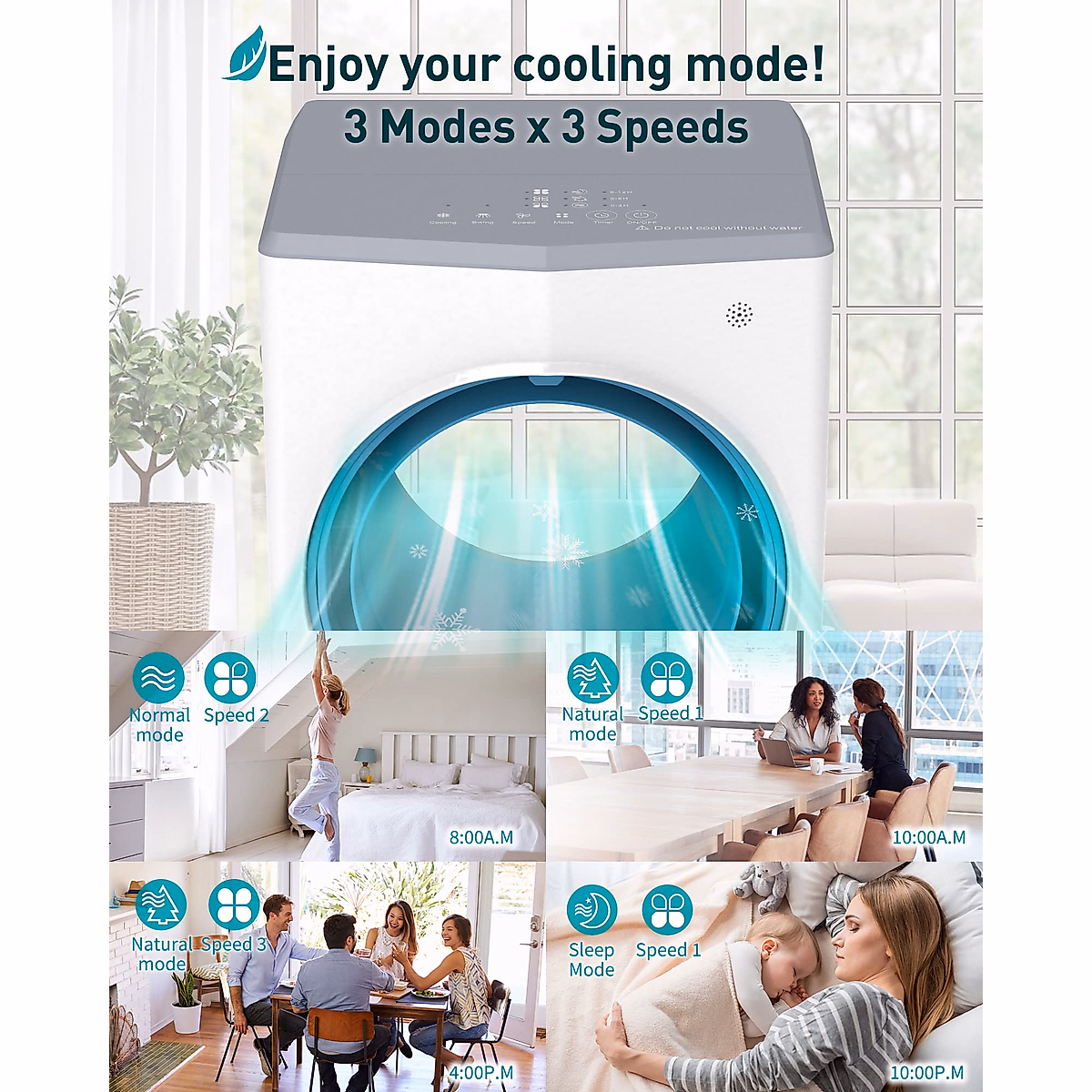 Evaporative Air Cooler, Bladeless Tower Fan & Humidifier with 3 Modes, Portable Swamp Fan with Oscillation, 3 Speeds, 1 Gallon Water Tank, Remote Control, Timer, for Home Indoor