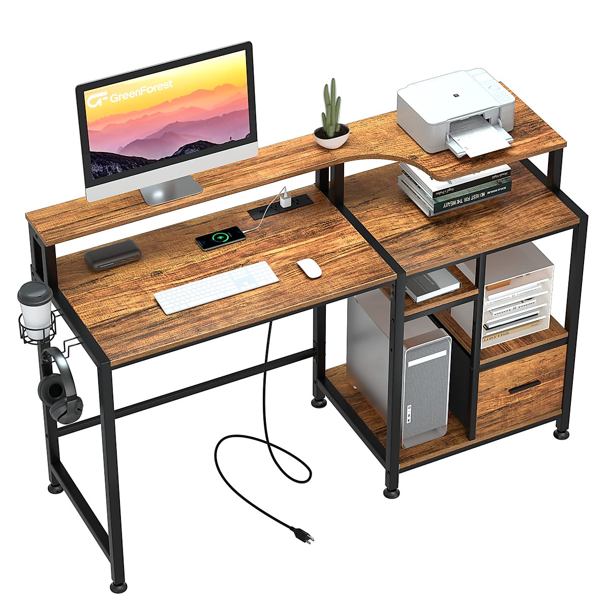GreenForest 55 inch Computer Desk with Drawers and Outlets, Home Office Desk with Storage and Printer Shelf, Work Desk with Fabric File Drawer, Study Desk with Monitor Stand, Computer Table, Walnut