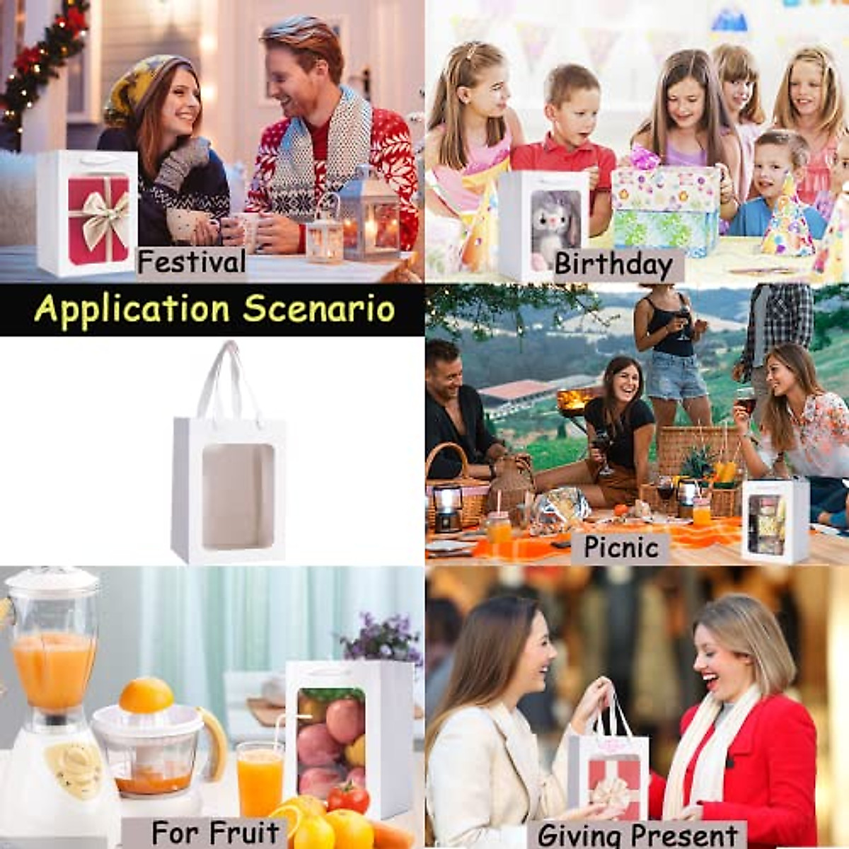 Dasofine 12pcs White Gift Bag with Window, Sturdy Paper Tote with Transparent Window, 7.1"×5.1"×9.8" Paper Gift Bags with Handles, Flower Bouquet Bags