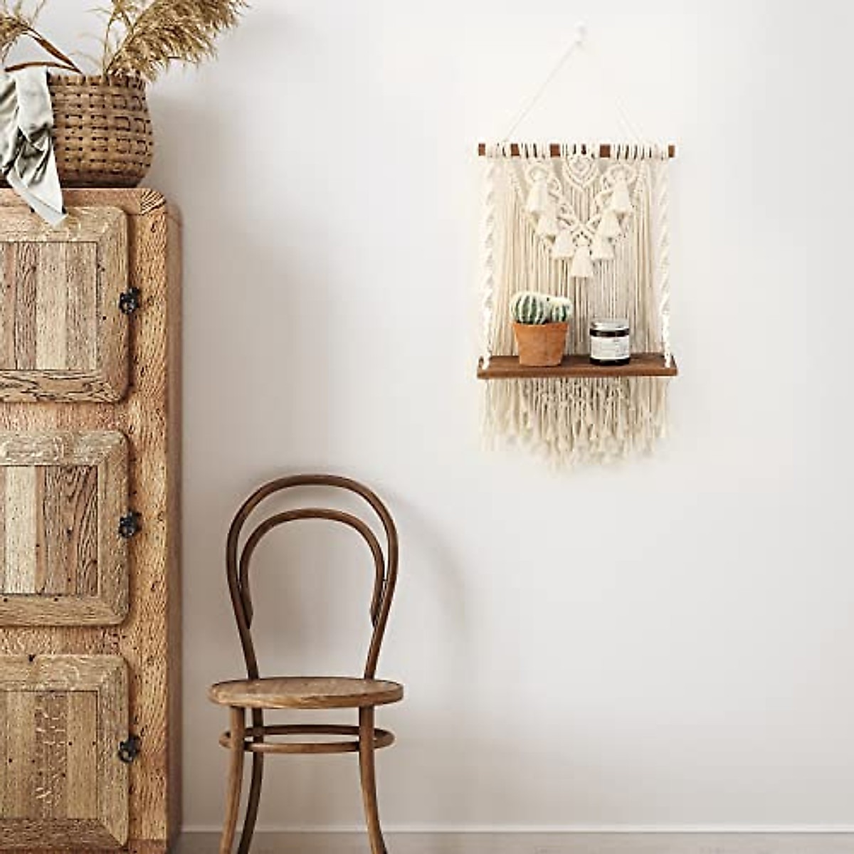 ANROYE 1 TierAND 2 Tier Macrame Boho Wall Hanging Shelf, Handmade Bohemian Wooden Woven Plants Floating Shelves Decor, Mini Chic Rope Crystal Holder Organizer