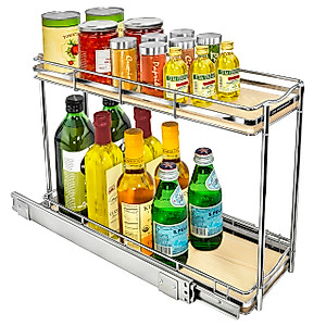 LYNK PROFESSIONAL® Élite™ Pull Out Spice Rack Organizer for Inside Kitchen Cabinets - 6"x21" - Slide Out Drawer – Wood/Chrome Sliding Spice Cabinet Organization Shelf Racks - 2 Tier