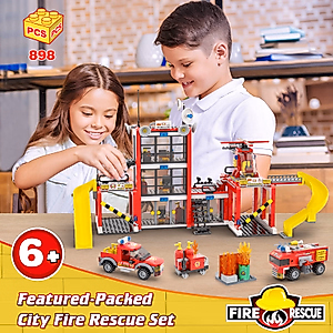 WishaLife City Fire Station Toy Building Set, with 2 Fire Truck Toys, Helicopter, Pretend Play Toys Gift Idea for Kids Boys Girls Ages 6 Plus