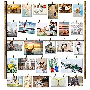 Love-KANKEI Wood Picture Photo Frame for Wall Decor 26×29 inch with 30 Clips and Adjustable Twines Collage Artworks Prints Multi Pictures Organizer and Hanging Display Frames Carbonized Black