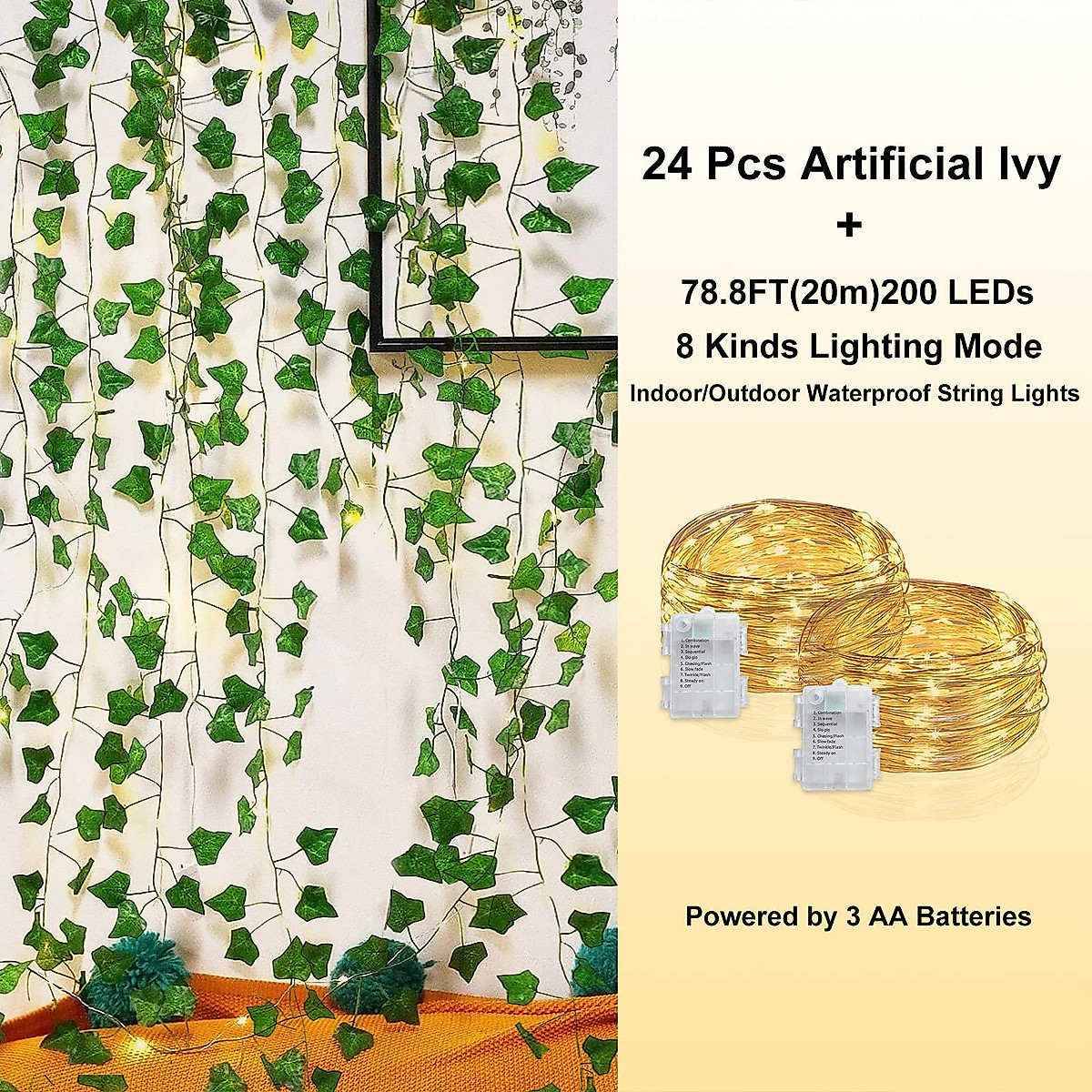 COCOBOO 168Ft 24 Pack Fake Vines with Lights, Ivy Garland Fake Leaves with 200 LED Srting Light, Green Hanging Vines for Bedroom Room Home Garden Wedding Wall Aesthetic Decor
