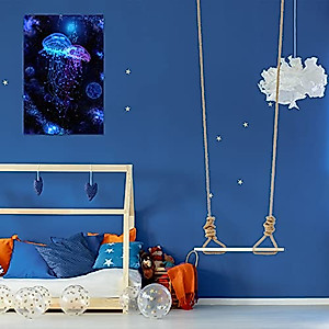 Jellyfish Canvas Poster Trippy Marine Life Wall Art Galaxy Universe Pictures Bathroom Bedroom Wall Decor Gift for Boys Girls, Unframed 40x60cm
