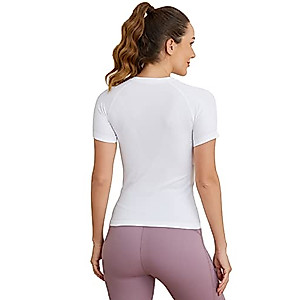 MathCat Workout Shirts for Women, Workout Tops for Women Short Sleeve, Seamless Yoga Shirts, Breathable Athletic Gym Tops Slim Fit(White,S)