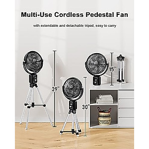 TriPole Oscillating Standing Fan 11” Outdoor Fan for Patios Quiet Pedestal Fan 12000mAh Rechargeable Battery Operated Floor Fan with Remote Control Portable Fan for Bedroom Patio Home Camping Travel
