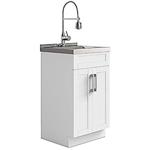 SIMPLIHOME Hennessy All-in-One Utility Sink & Cabinet in Pure White, 20-inch, Laundry Cabinet with Stainless Steel Sink, Chrome Faucet, Shaker-Style Doors for Laundry Room, Garage, Mudroom