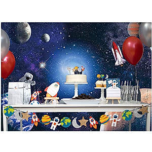 VOUORON Outer Space Happy Birthday Photography Backdrop for Kids Baby Astronaut Rocket Banner 7x5ft Universe Planet Photo Background for Children's Birthday Galaxy Planet Party Photo Studio Props