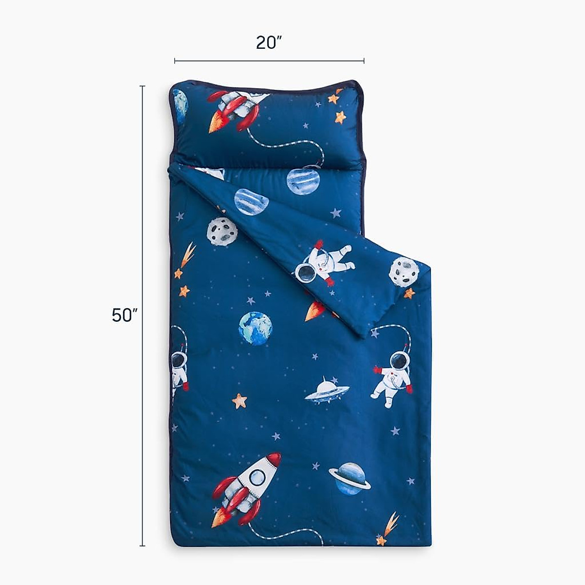 Wake In Cloud - Nap Mat with Removable Pillow for Kids Toddler Boys Girls Daycare Preschool Kindergarten Sleeping Bag, Rockets Space Planet Astronauts on Navy Blue, 100% Soft Microfiber