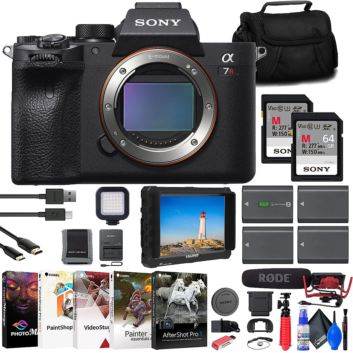 Sony a7R IVA Mirrorless Camera (ILCE7RM4A/B) + 4K Monitor + Rode VideoMic + 2 x 64GB Card + Bag + 3 x NP-FZ100 Compatible Battery + Card Reader + LED Light + Corel Photo Software + More (Renewed)