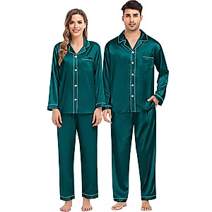 SWOMOG Women & Men Satin Pajamas Set Couple Matching Pajamas Long Sleeve Sleepwear Button Down Loungewear 2 Pcs Pj Set Women Green Medium
