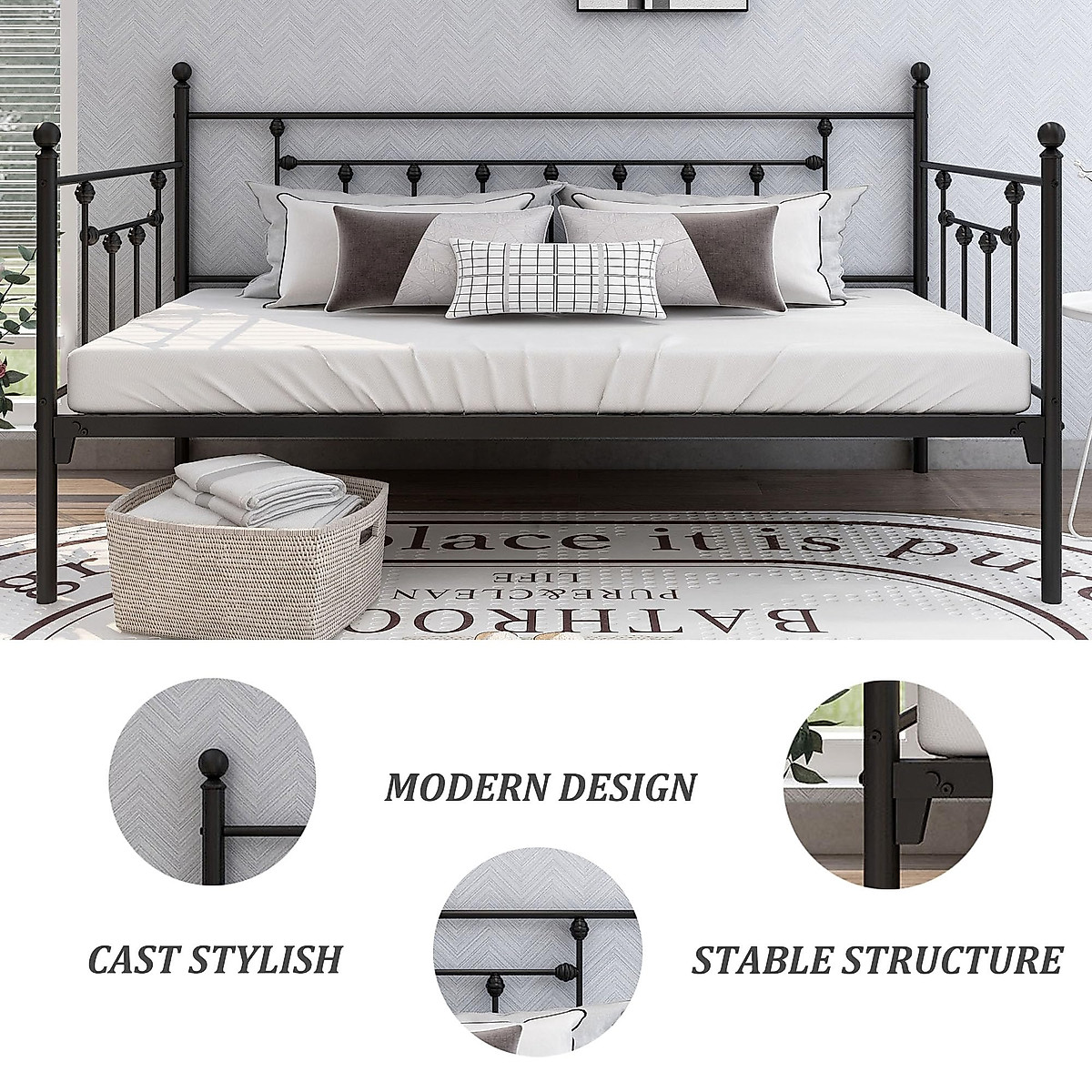 AUFANK Twin Size Daybed Frame Strong Metal Slats Platform Base Box Spring Replacement Bed Sofa for Living Room Guest Room Black