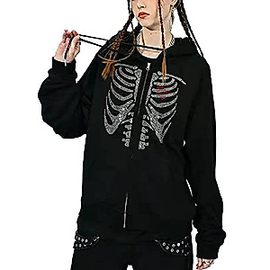 Women's Y2K Hoodie Gothic Skeleton Print Cardigan Sweatshirts Long Sleeve Oversized Pullover Jacket (Black , Large )