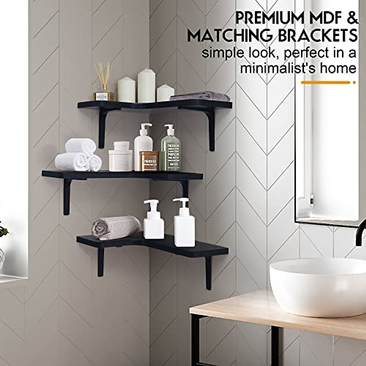 Corner Floating Shelves Set of 4 | Corner Wall Shelves | Wall Mounted Corner Storage Display Shelving for Bathroom, Bedroom, Living Room, Kitchen | 16" W x 11-2/5" D | L-Shaped, Matte Black